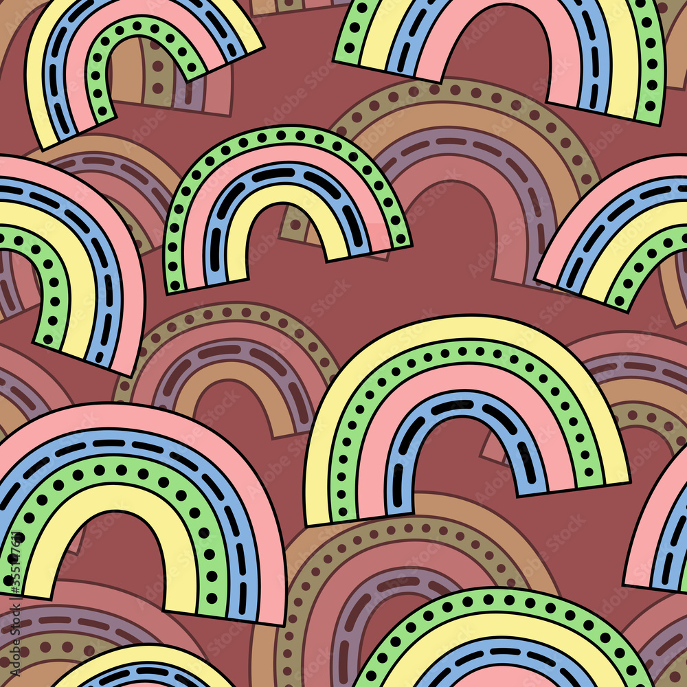 Seamless cute children's rainbow pattern on a colored background ...