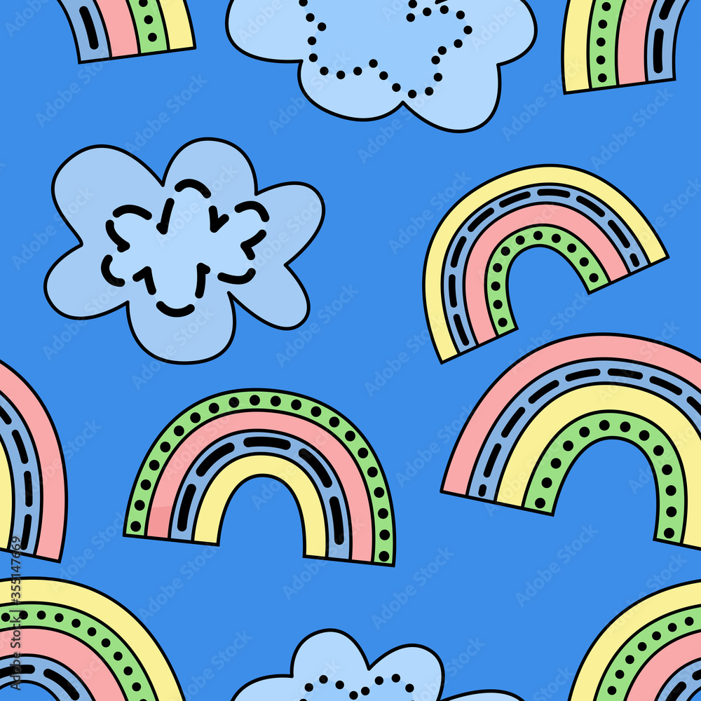 Seamless cute children's rainbow pattern on a colored background ...