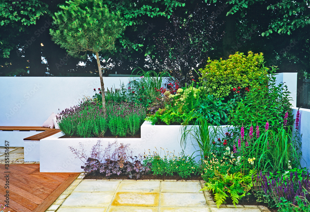 A modern garden with raised and enclose flower borders and colourful ...