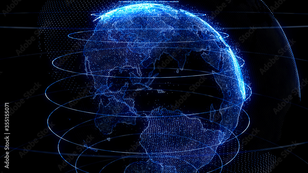 3D earth globe simulation with blue lights particles mapspinning depth ...