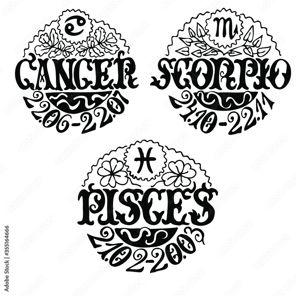Zodiac signs of the water element. Cancer, Scorpio, Pisces. A hand ...