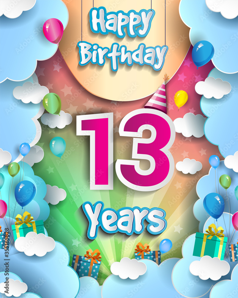 13th Years Birthday Design for greeting cards and poster, with clouds ...