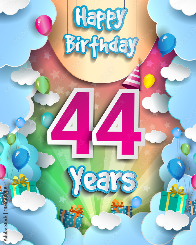 44th Years Birthday Design for greeting cards and poster, with clouds ...
