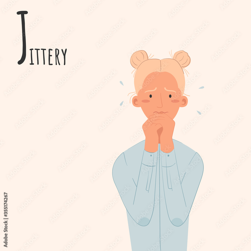 Alphabet Emotions concept. Female character nervous and anxious. Letter ...