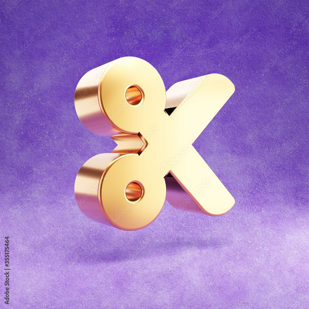 cut icon. Gold glossy cut symbol isolated on violet velvet background ...