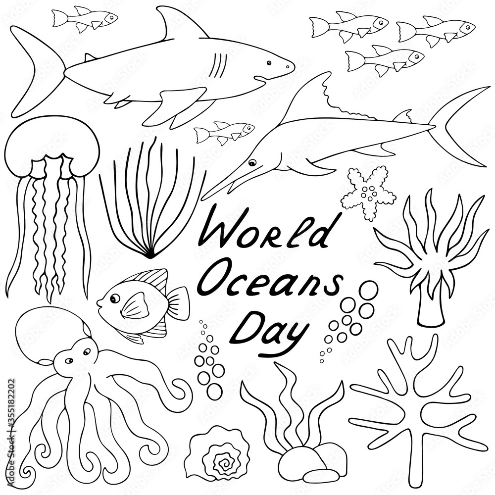 Undersea world. Vector set of illustrations. Outline on a white ...
