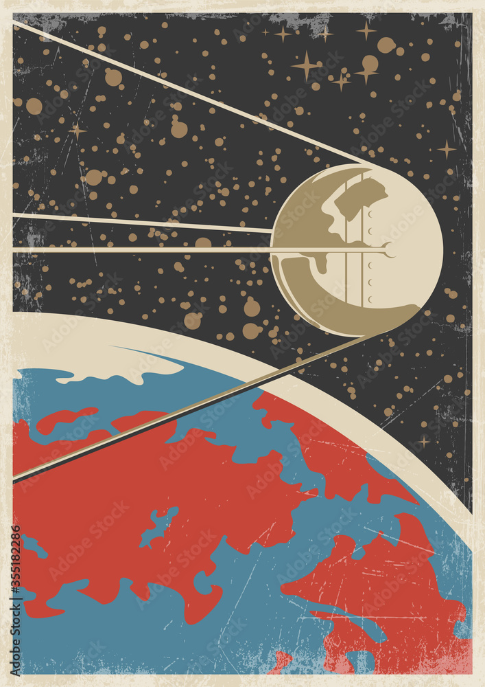 Retro Space Mission Propaganda Poster, Sputnik flies above the Earth ...