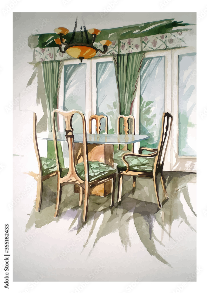Watercolor sketch of the interior with beautiful wooden chairs and a ...