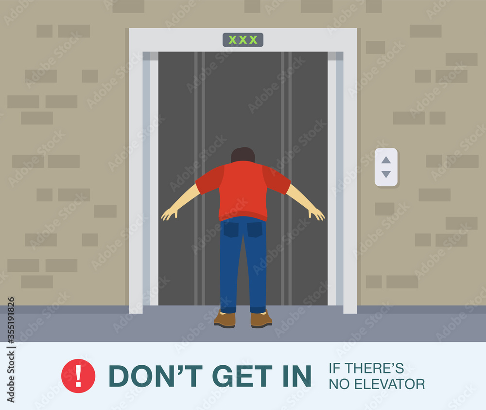 Young man is about to fall into the lift shaft. Standing in front of ...