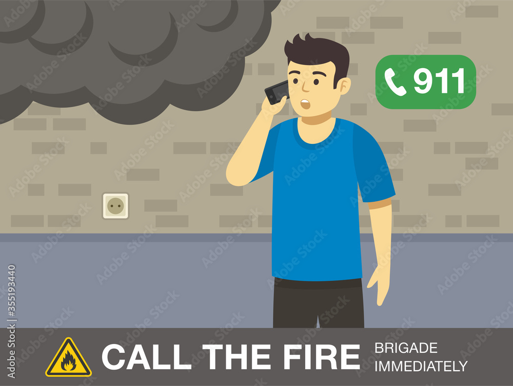 Fire safety activity. Young man calling the fire brigade. Flat vector ...