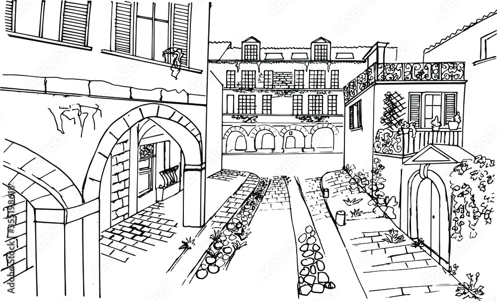 French architecture.Nice old street in the city of La Rochelle .Vector ...