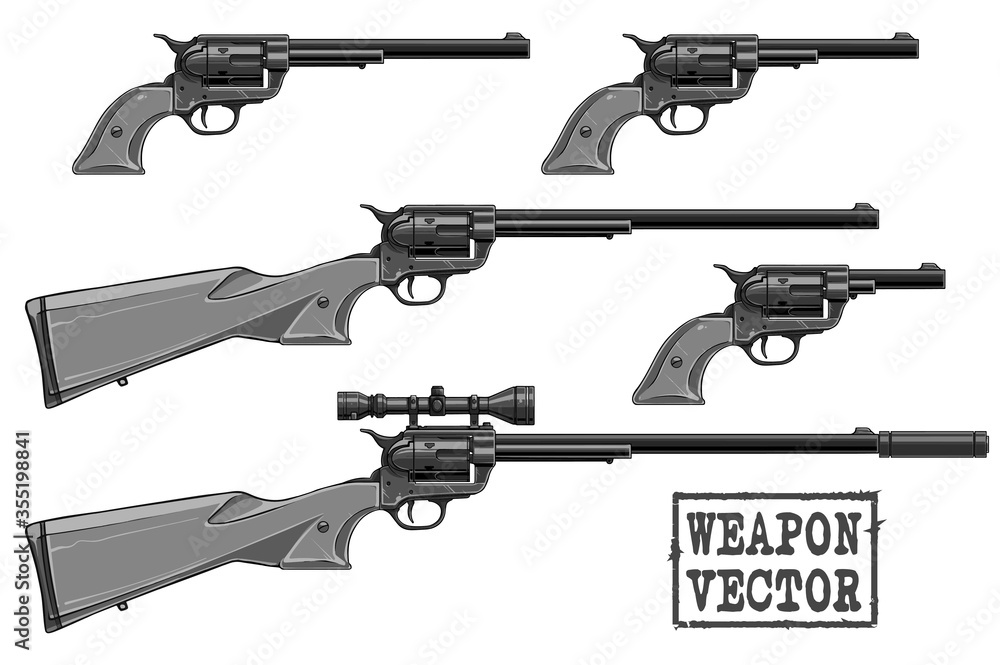 Graphic black and white detailed old revolver with optical sight and ...