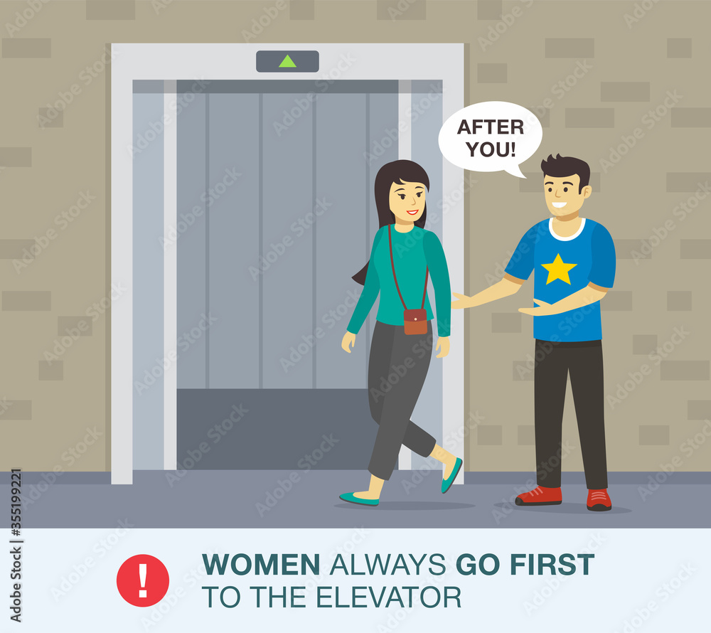 Young man skips a woman forward to the elevator. Elevator etiquette. Flat vector illustration ...