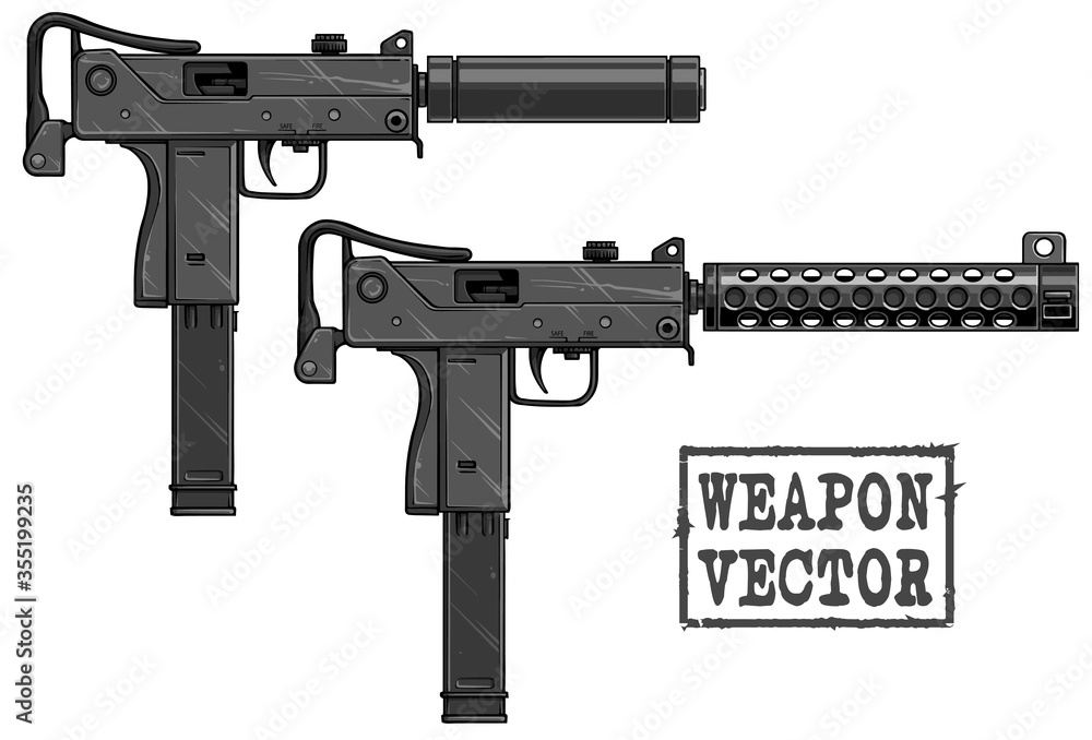 Graphic black and white detailed silhouette metal uzi submachine gun ...