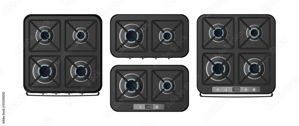 Set of black kitchen stoves with a top view. A gas stove is included ...
