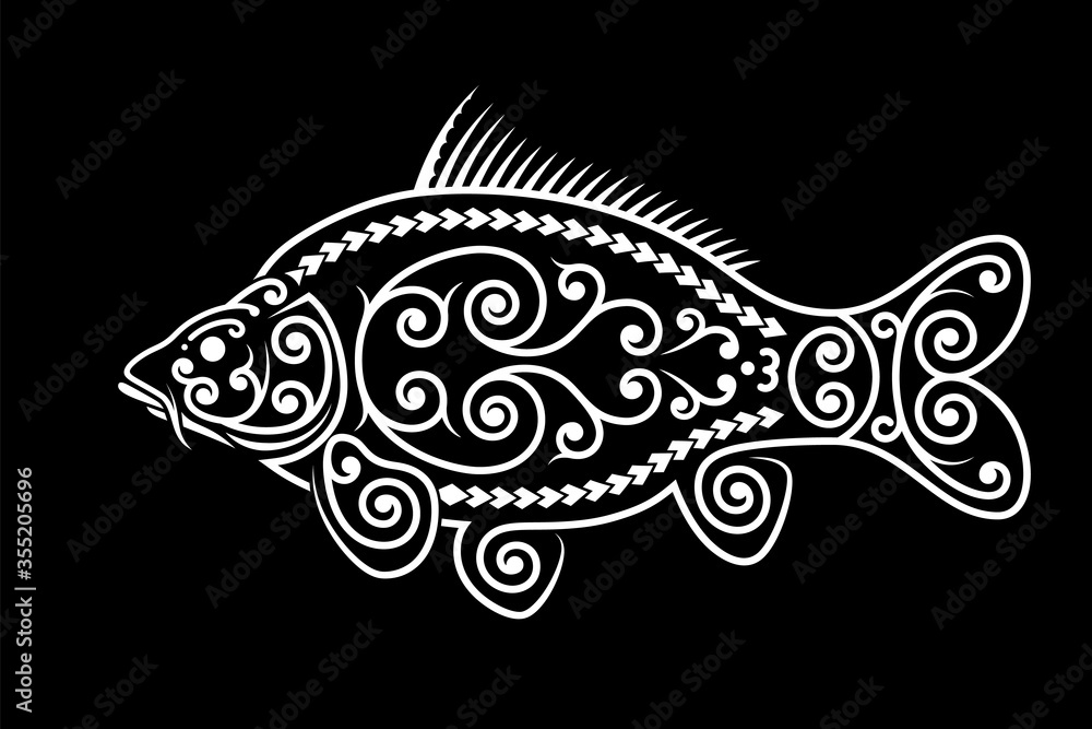 Stylized carp image on black background. Carp fishing. Maori pattern ...
