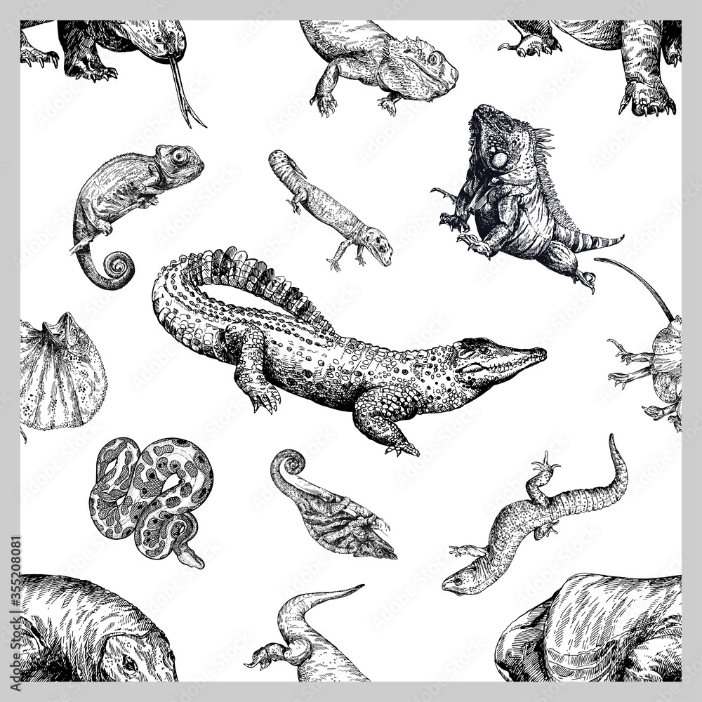 Seamless pattern of hand drawn sketch style reptiles isolated on white ...