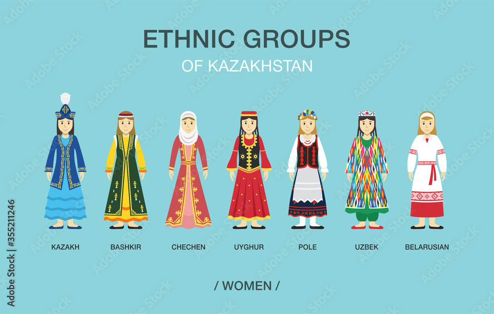 Ethnic groups of Kazakhstan. Women in traditional costume or dress. Flat vector illustration ...