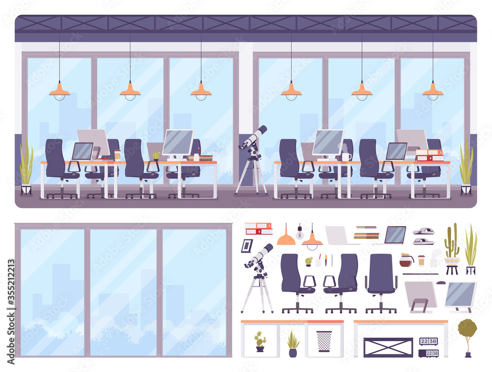 Traditional office workplace environment interior construction set, kit ...