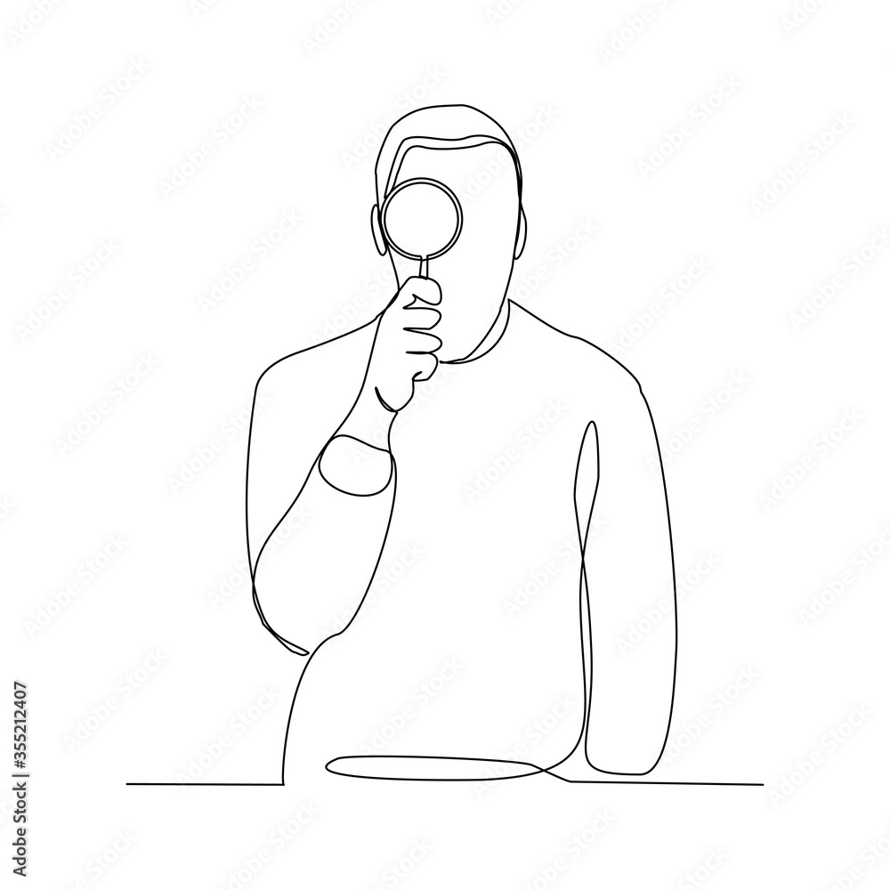 Continuous line drawing of business man hold magnifying glass to ...