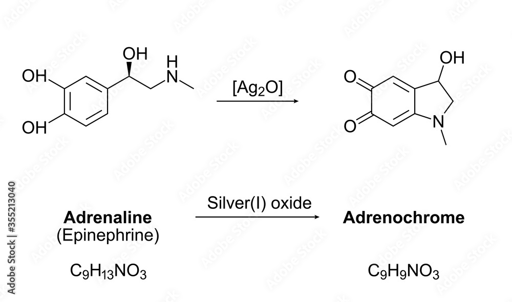 Synthesis of adrenochrome, chemical equation. Oxidation of adrenaline ...