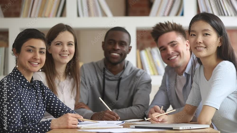 Stockvideon Serious happy international diverse college university ...