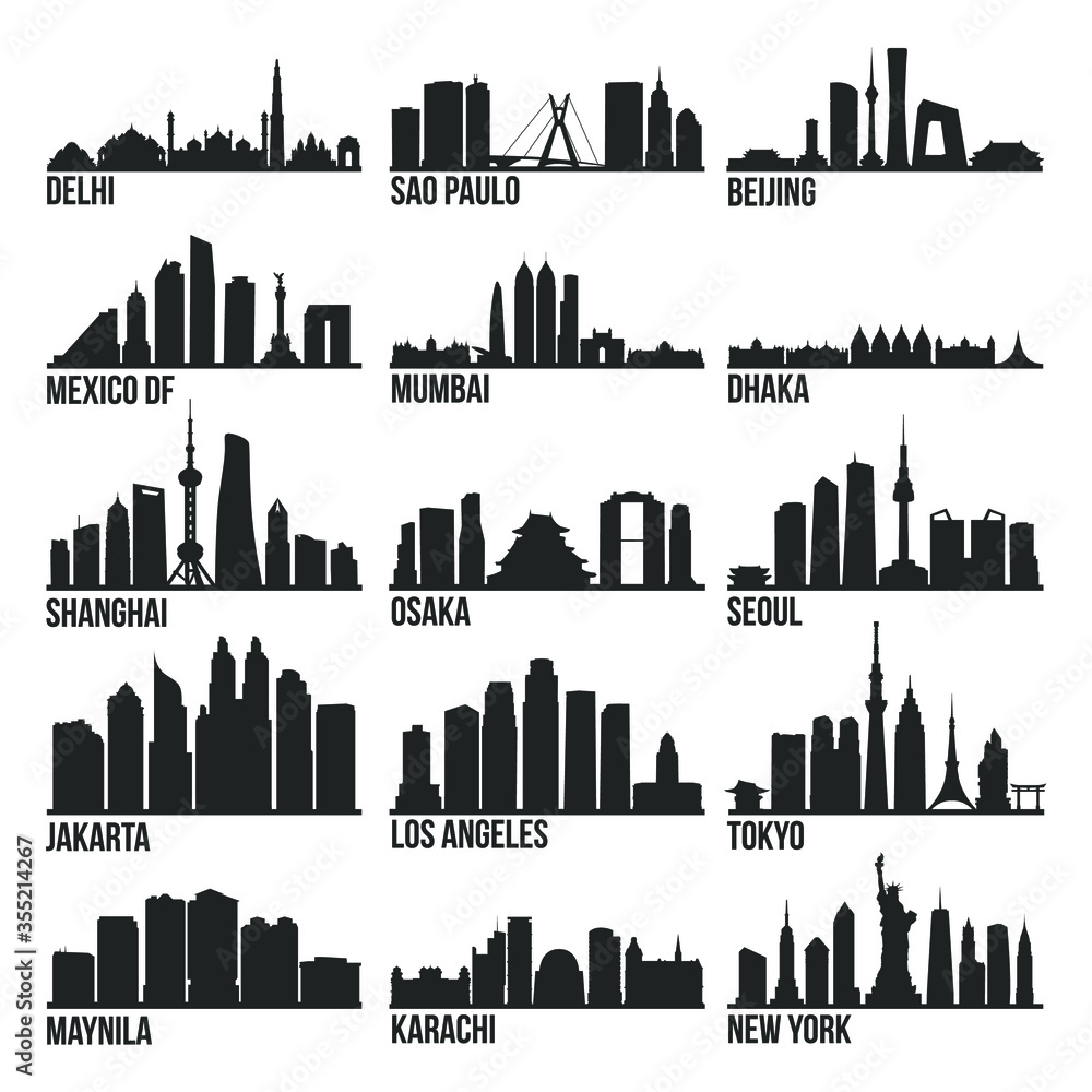 Biggest Cities Most Famous Skyline City Silhouette Design Collection ...