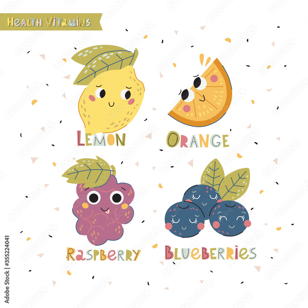 Set of cartoon characters lemon, orange, raspberries, blueberries ...