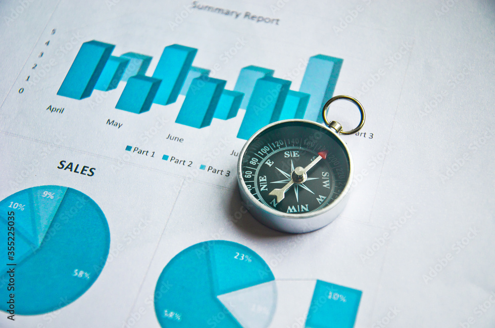 compass on paper work with diagram. Business ideas concept with dice ...