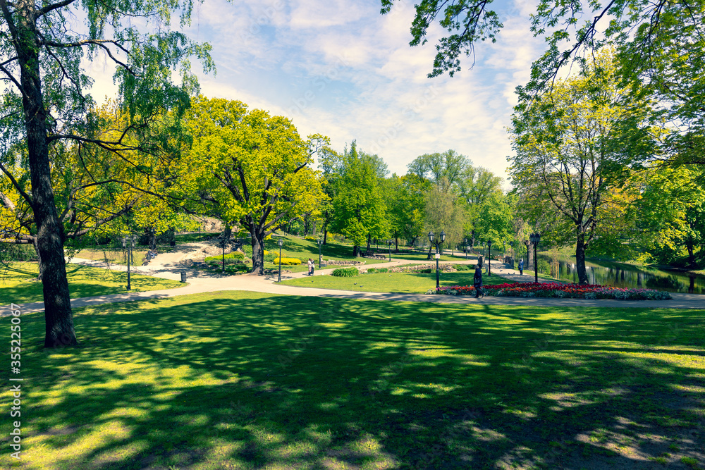 Empty parks of Riga in sunny spring. During an emergency due to a fall ...