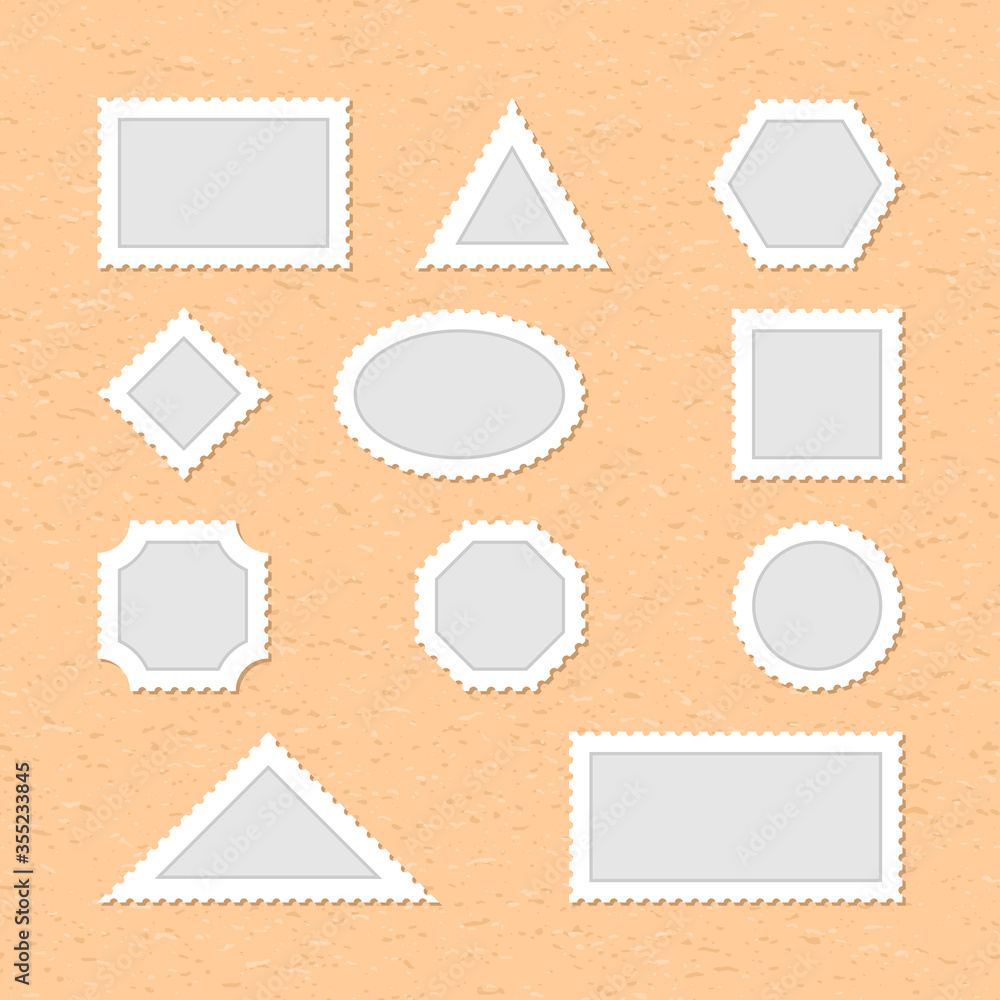 Blank postage stamps are on a background of old beige paper. The ...