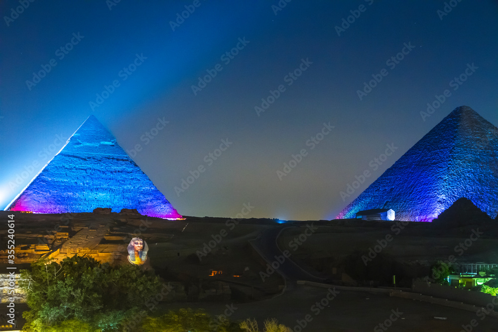 Great Pyramid of Giza illuminated at night, UNESCO World Heritage site ...
