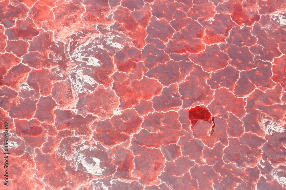 Aerial view of the salt pan and mineral crust with red algae in Lake ...