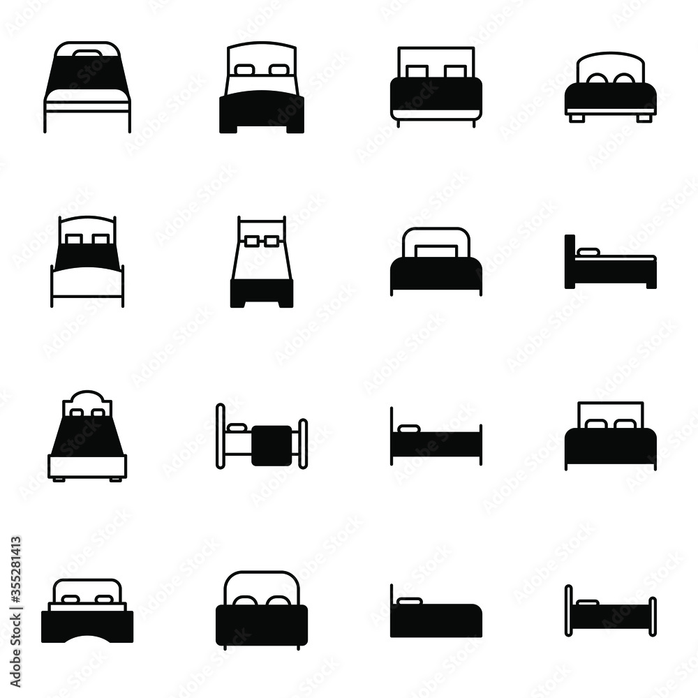 Bed, bed room icon set. Simple couch, spring bed, hotel icons sign ...