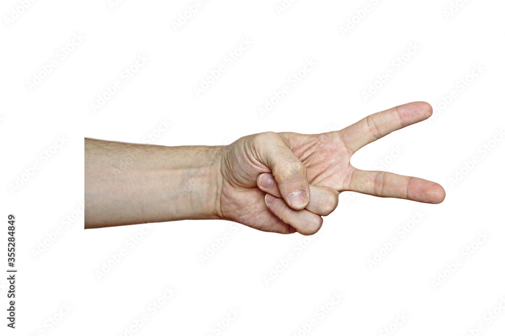 Male hand with fair skin shows a gesture, hand on a white isolation ...
