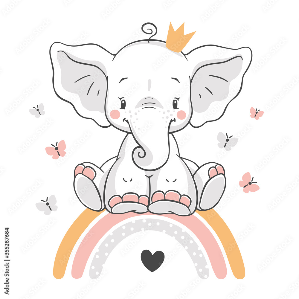 Vector illustration of a cute baby elephant, sitting on a rainbow ...