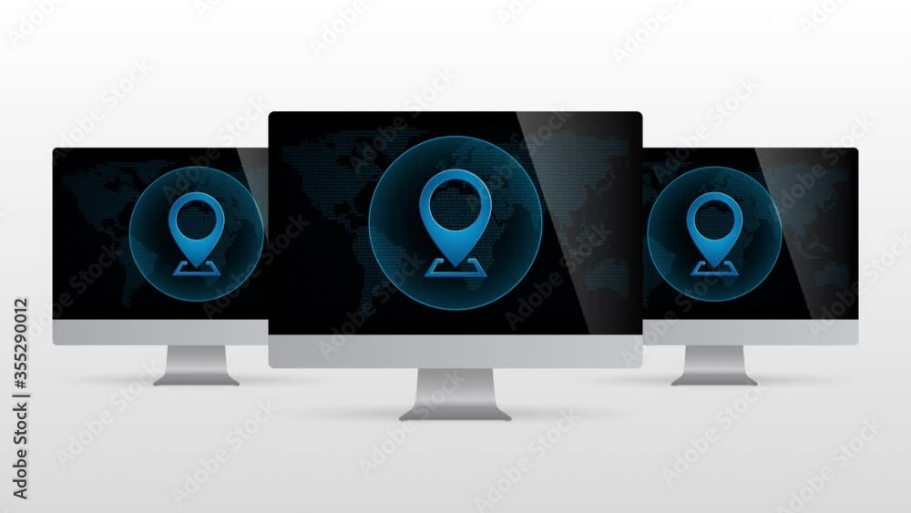 Digital world desktop device with location pin. Realistic computer ...