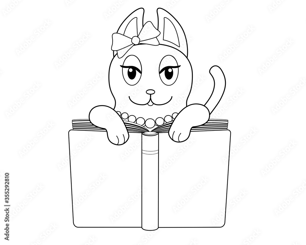 Girl cat with bow reads a big book - vector linear illustration for ...