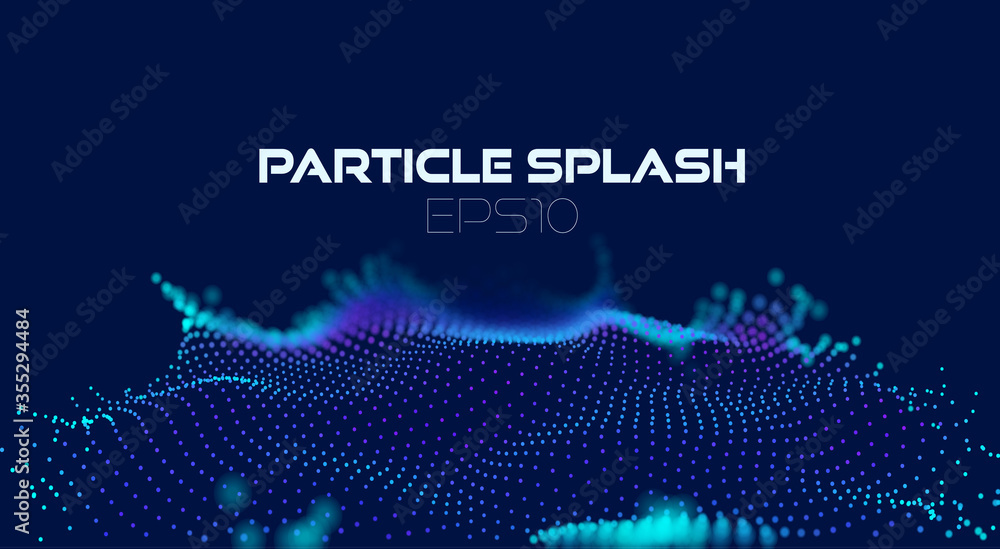 Wave particles grid in abstract style on dark background. Digital data ...