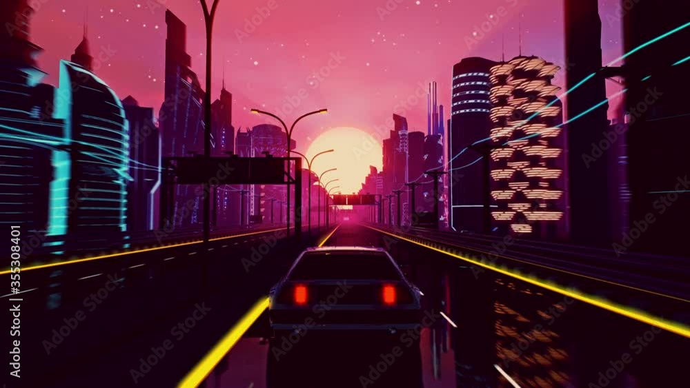 Retro-futuristic 80s style drive in neon city. Seamless loop of ...