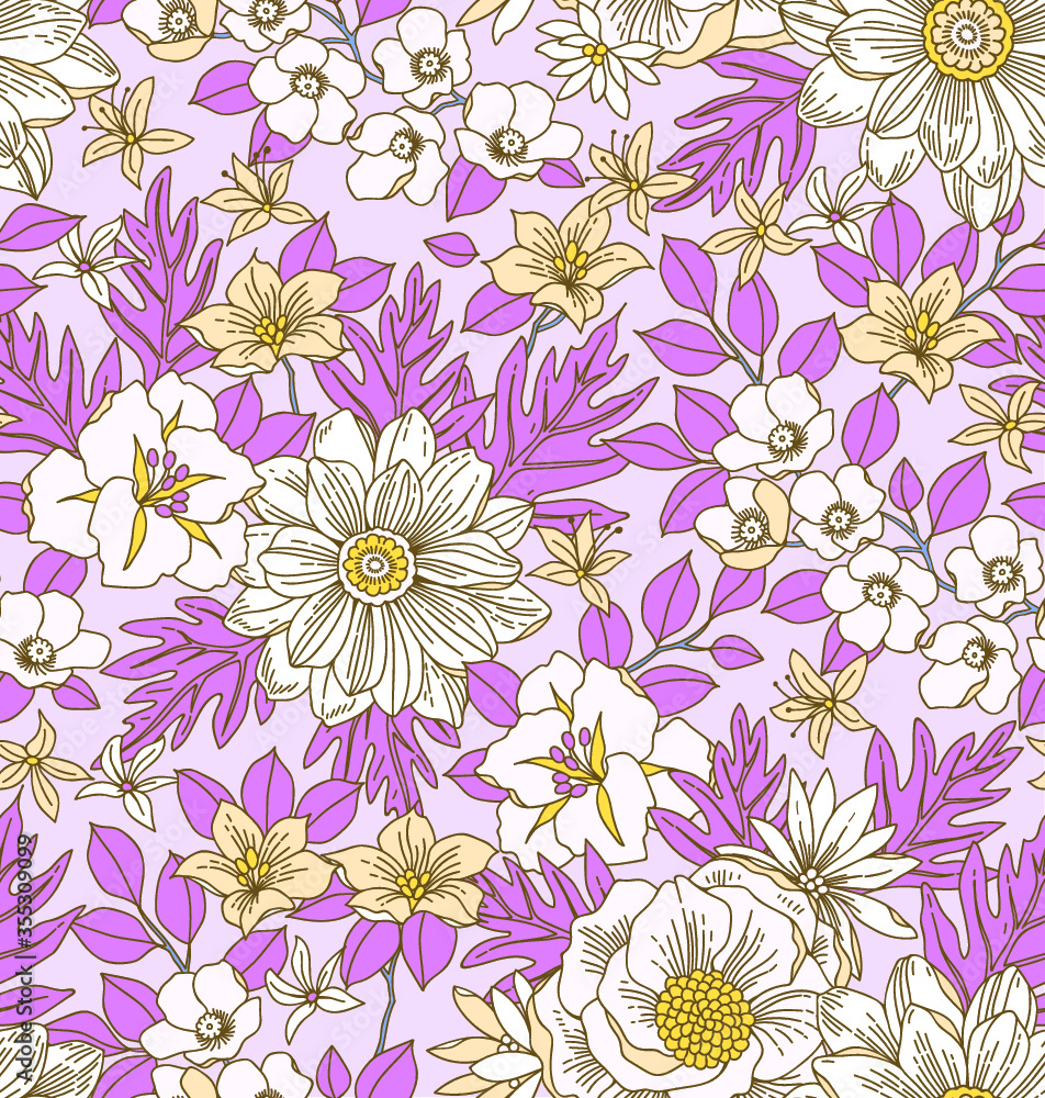 Seamless vector floral pattern. Liberty style print made of small pink ...