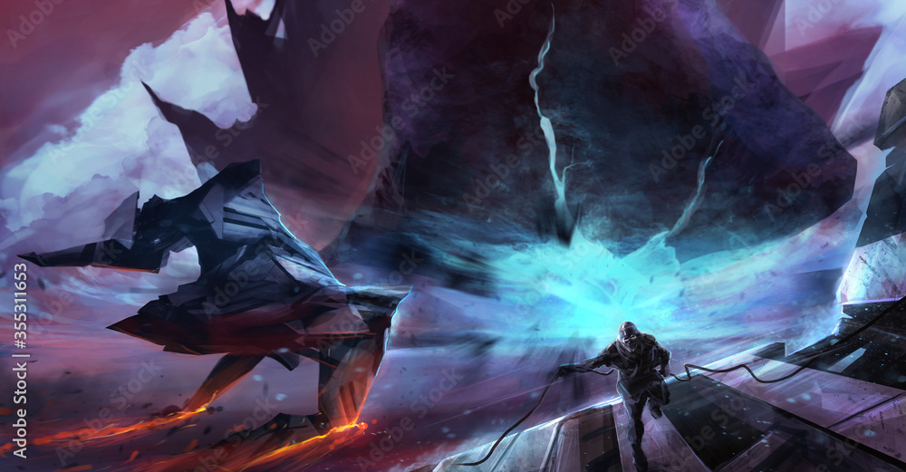 Sci-fi futuristic illustration of spaceship with running spaceman and ...