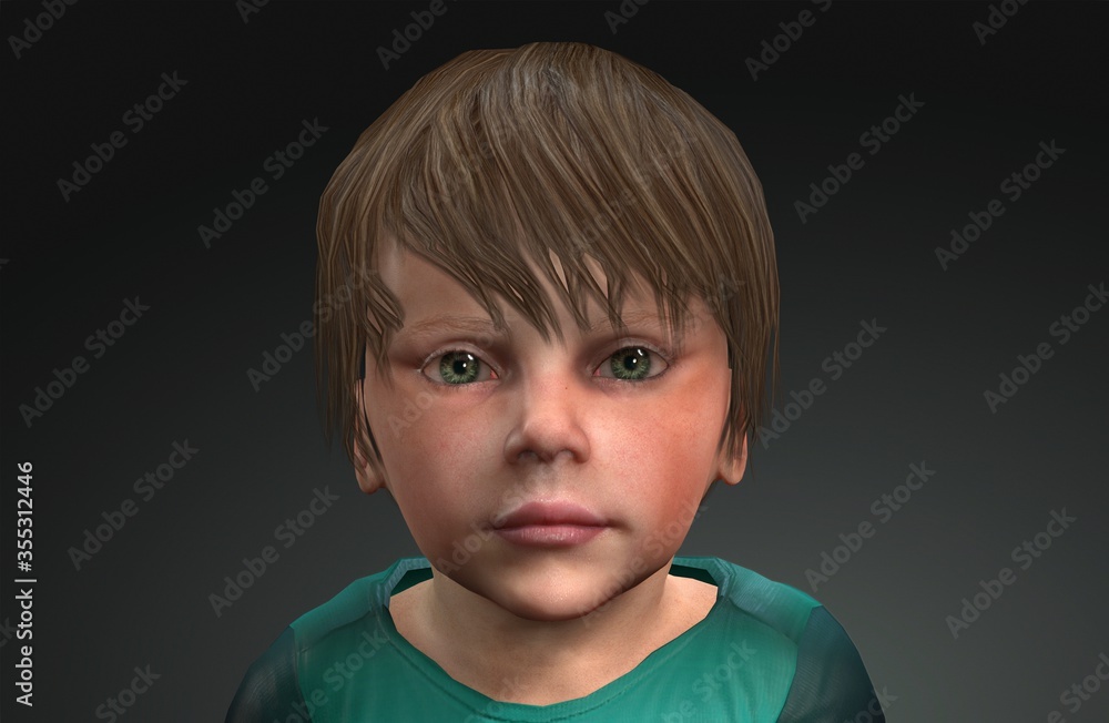 green-eyed child face. child model faceclose-up child face. 3d child ...