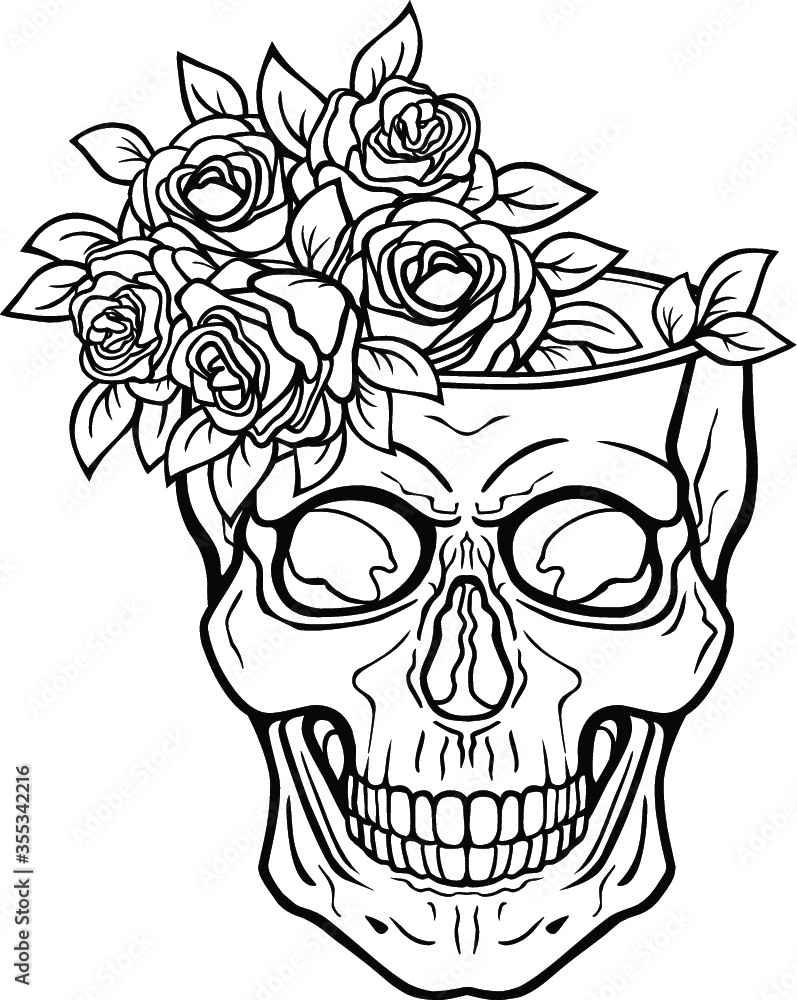 Linear drawing: human skull - flower vase. Magic, esoteric, occultism ...