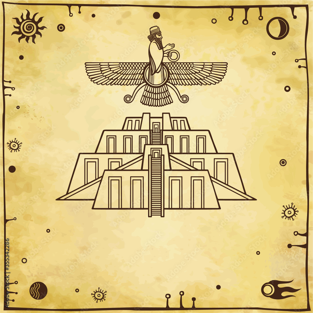 Cartoon drawing: ancient sacred Zikkurat, Image of Farvahar. Symbols of ...