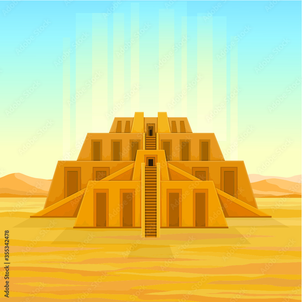 Animation drawing: Ancient Zikkurat in desert, flow of light tends into ...