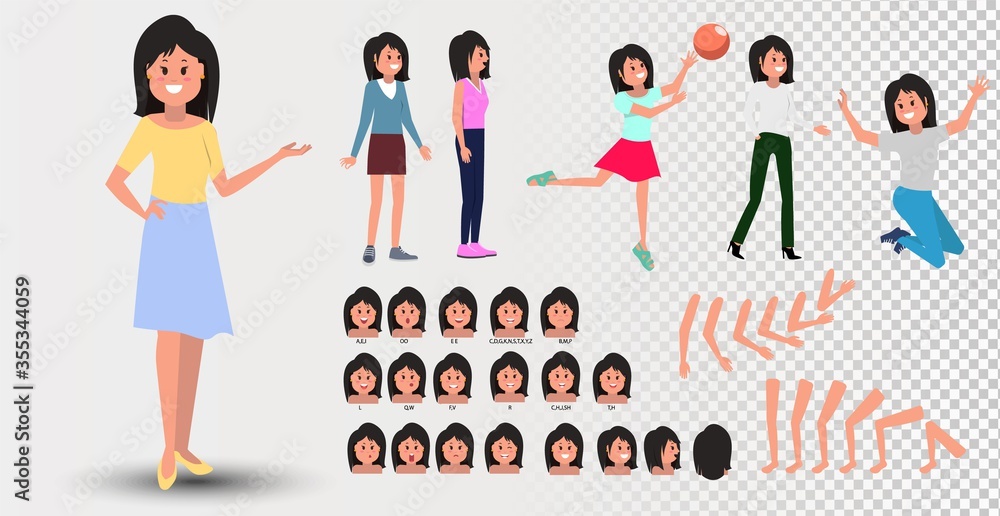 Vetor de Front, side, back view animated character. Teenage girl ...
