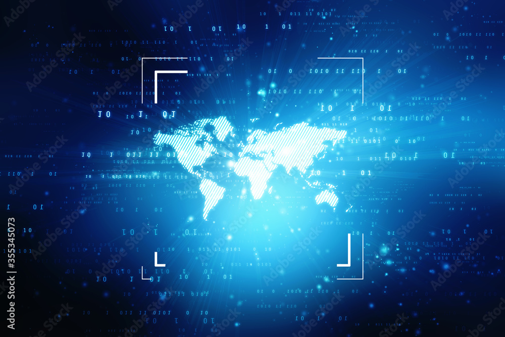 Abstract world map on binary code background. Glowing map of the earth ...