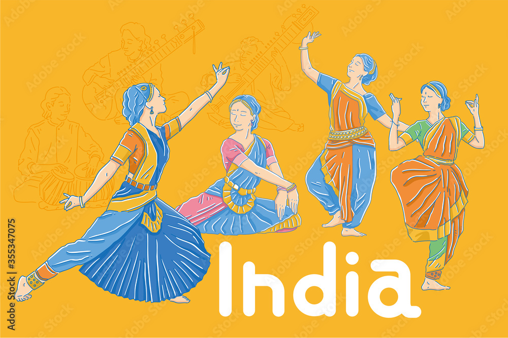 Female dancer dancing Indian traditional dance, vector illustration ...