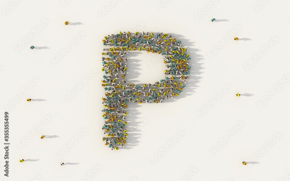 Large group of people forming letter P, capital English alphabet text ...